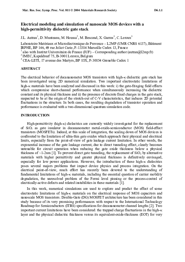 (PDF) Electrical modeling and simulation of nanoscale MOS devices with ...