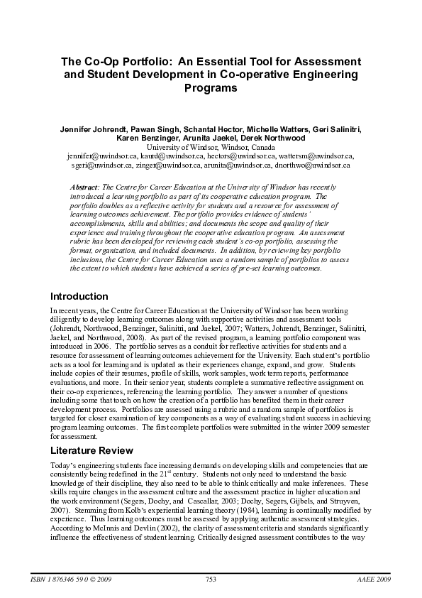 (PDF) The Co-Op portfolio: An essential tool for assessment and student ...