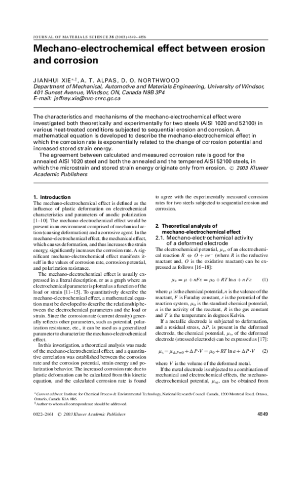 (PDF) Mechano-electrochemical effect between erosion and corrosion