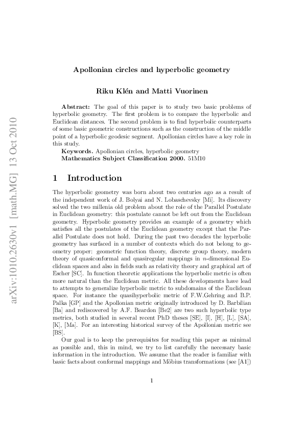 (PDF) Apollonian circles and hyperbolic geometry
