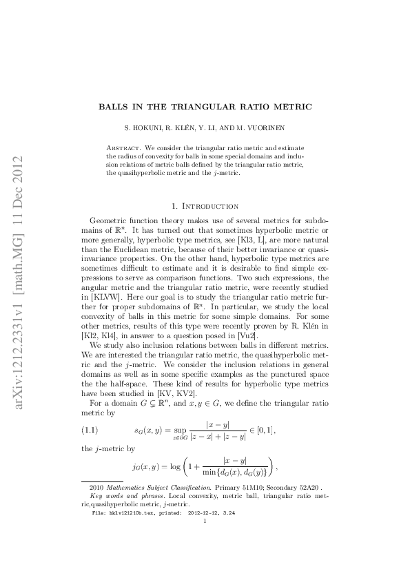 (PDF) Balls in the Triangular Ratio Metric