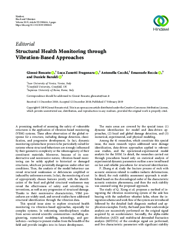 Pdf Structural Health Monitoring Through Vibration Based Approaches