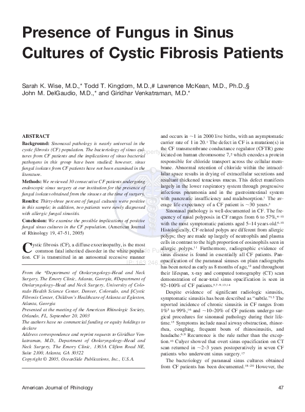 (PDF) Presence of fungus in sinus cultures of cystic fibrosis patients ...