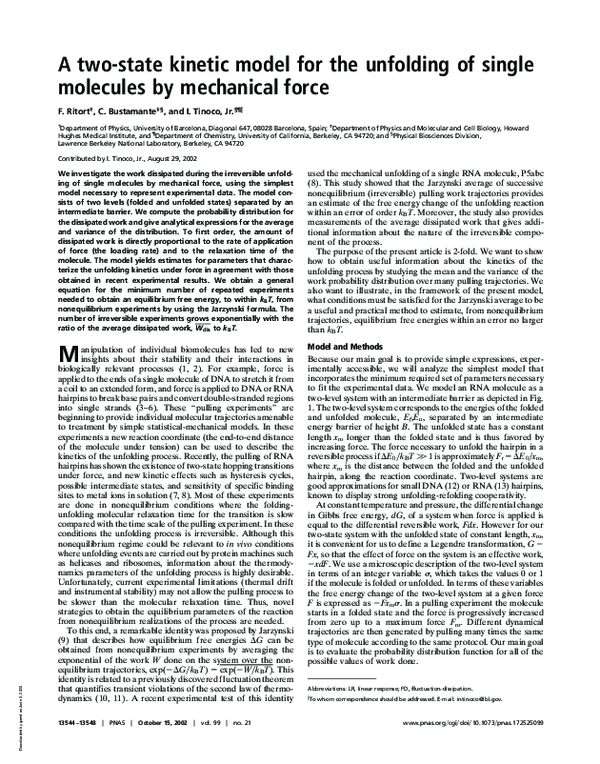 (PDF) A two-state kinetic model for the unfolding of single molecules ...