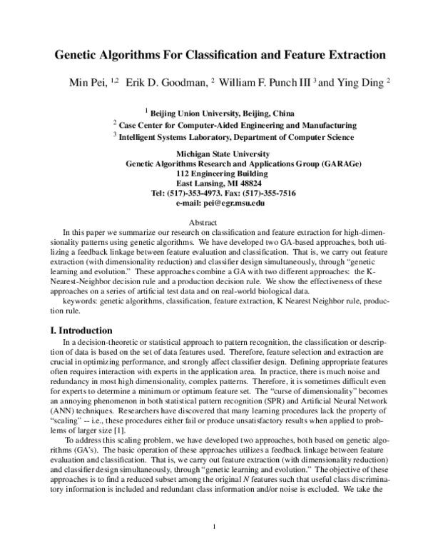 (PDF) Genetic Algorithms for Classification and Feature Extraction