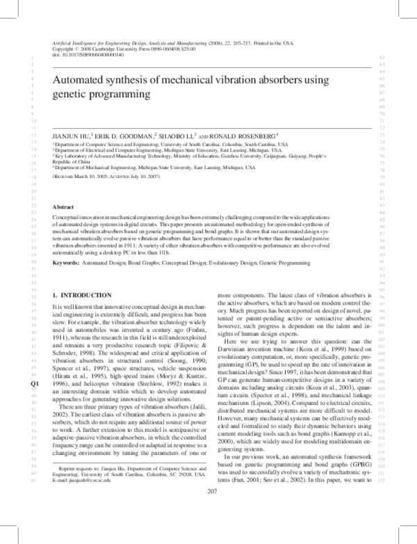 (PDF) Automated synthesis of mechanical vibration absorbers using genetic programming