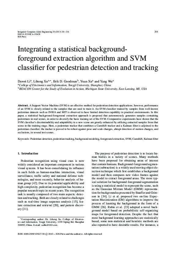 Pdf Enhanced Pedestrian Detection Using Svm And Background Foreground
