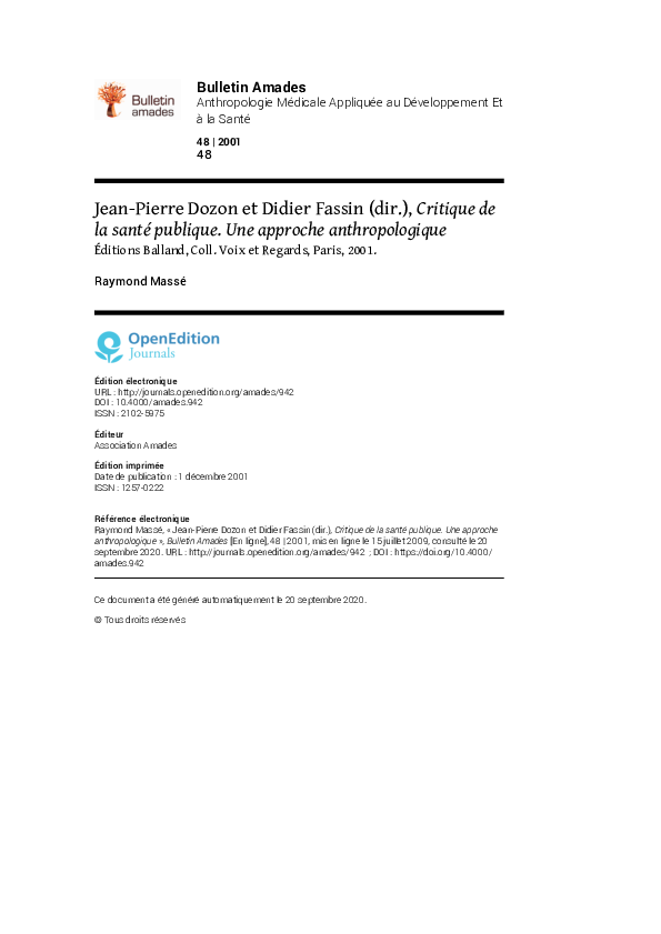 (PDF) Jean-Pierre Dozon et Didier Fassin (dir.), Critique de la santé ...