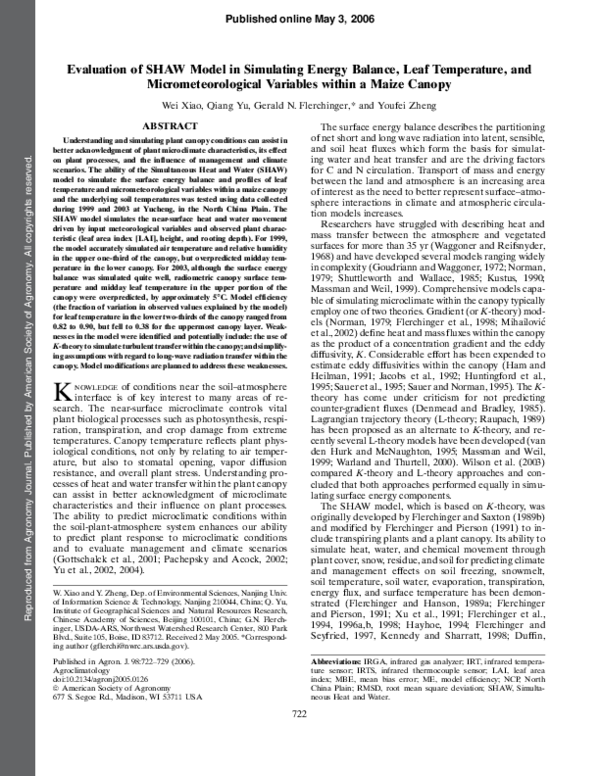 Evaluation of SHAW Model in Simulating Energy Balance, Leaf Temperature ...