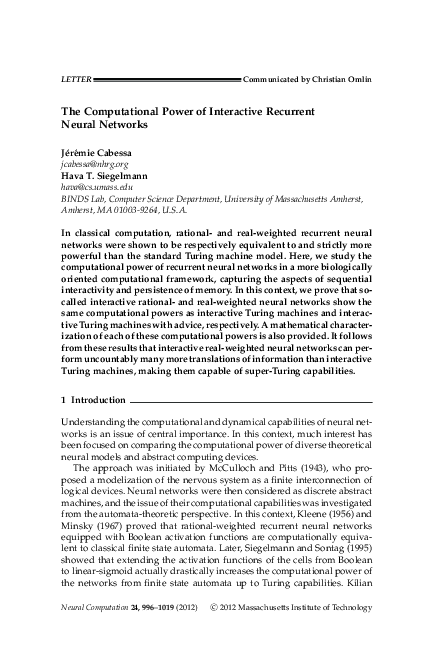 (PDF) The Computational Power of Interactive Recurrent Neural Networks
