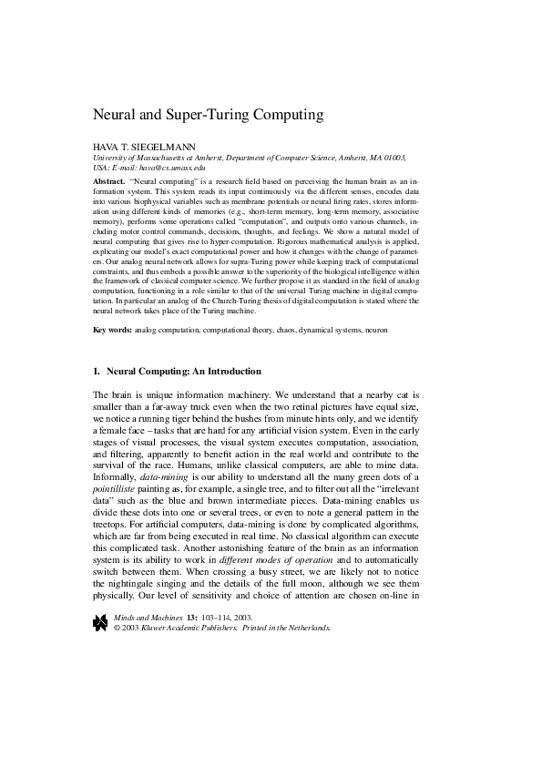 (PDF) Neural Computing and Super-Turing Models of Computation