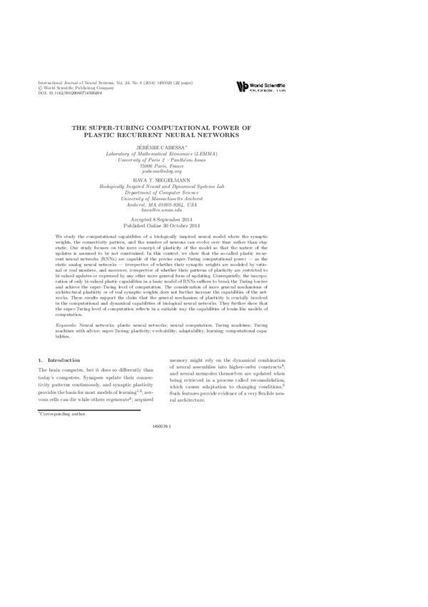 Pdf The Super Turing Computational Power Of Plastic Recurrent Neural