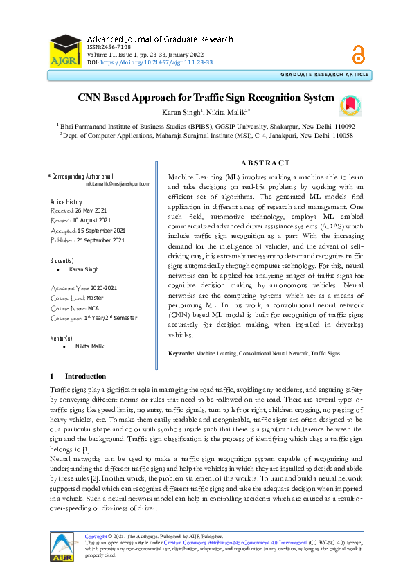 (PDF) CNN Based Approach for Traffic Sign Recognition System
