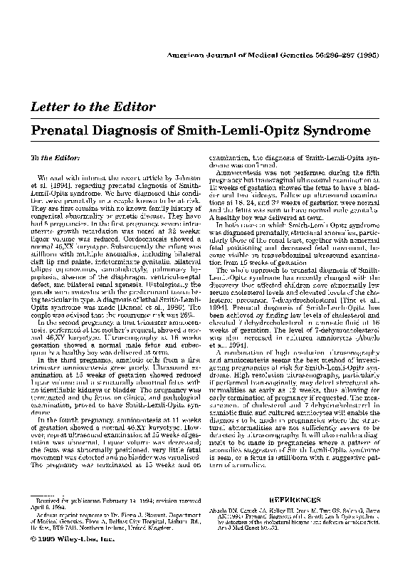 (PDF) Prenatal diagnosis of Smith-Lemli-Opitz syndrome