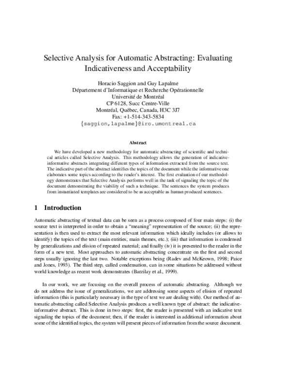 (PDF) Selective analysis for automatic abstracting: Evaluating ...