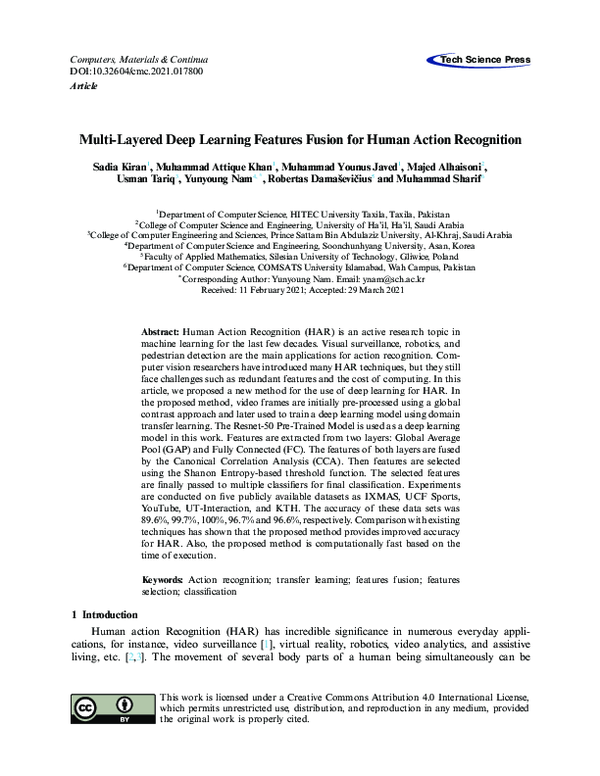 Pdf Multi Layered Deep Learning Features Fusion For Human Action