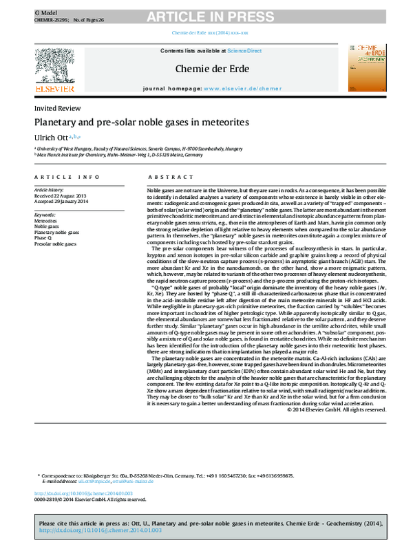 (PDF) Planetary and pre-solar noble gases in meteorites | U. Ott ...
