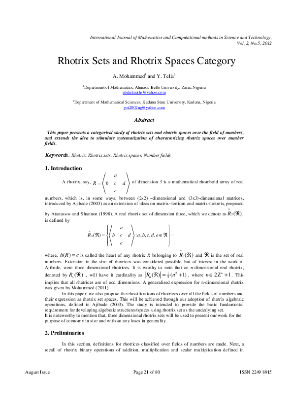 (PDF) Rhotrix Sets and Rhotrix Spaces Category