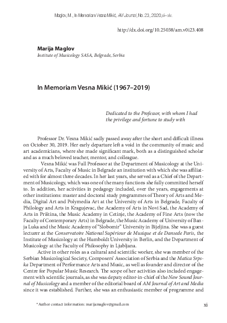 (PDF) In Memoriam Vesna Mikic (1967–2019)