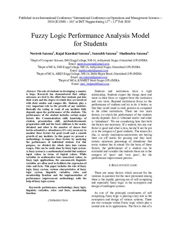 (PDF) Fuzzy Logic Performance Analysis Model for Students