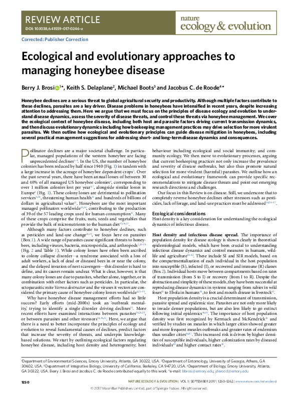 (PDF) Ecological and evolutionary approaches to managing honeybee disease