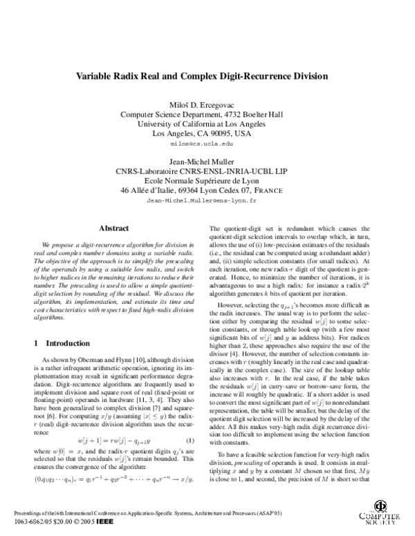 (PDF) Variable Radix Real and Complex Digit-Recurrence Division