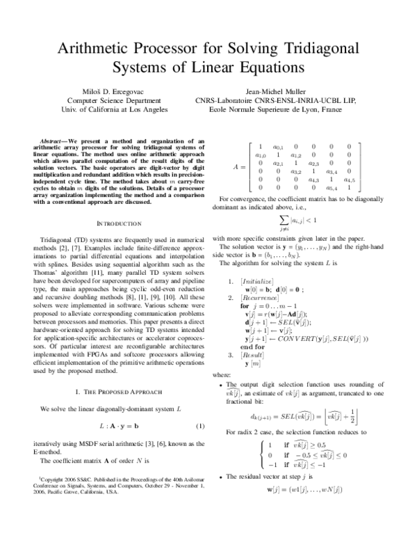 Pdf Arithmetic Processor For Solving Tridiagonal Systems Of Linear