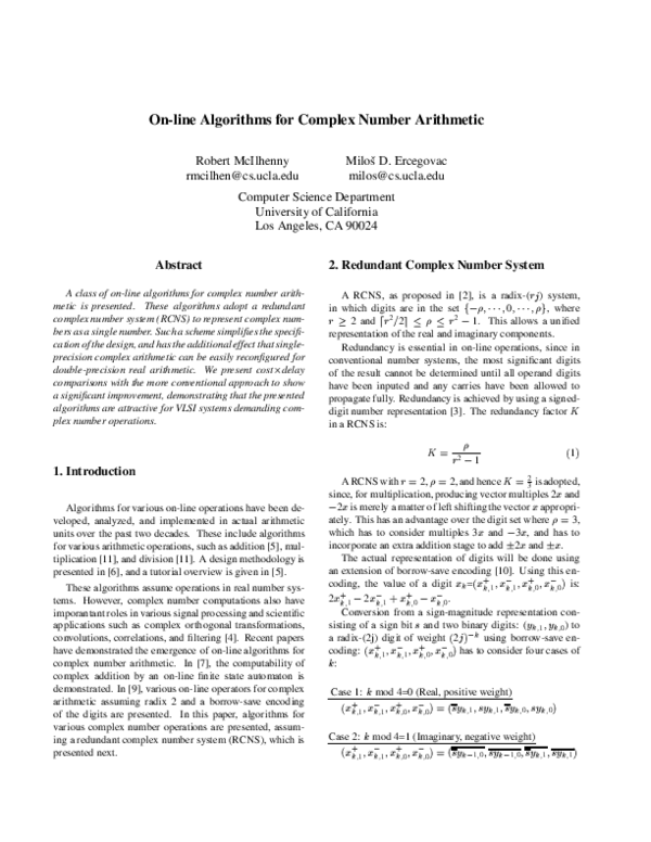(PDF) On-line Algorithms for Redundant Complex Number Arithmetic