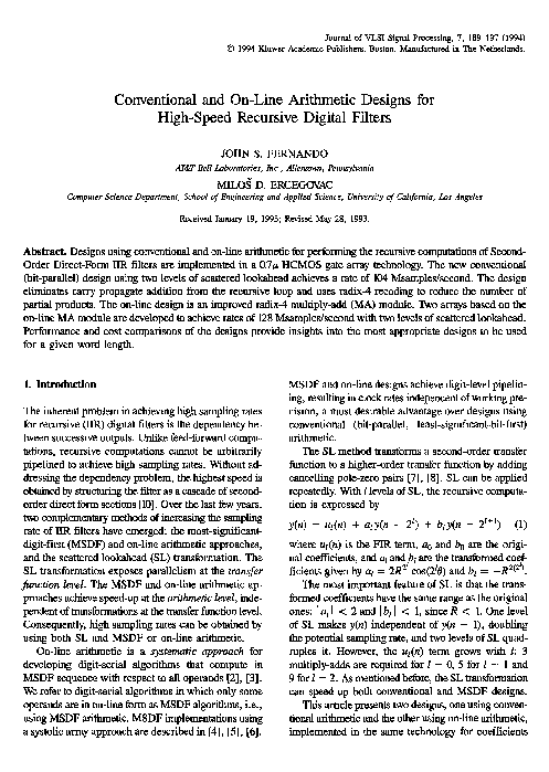 Pdf Conventional And On Line Arithmetic Designs For High Speed Recursive Digital Filters