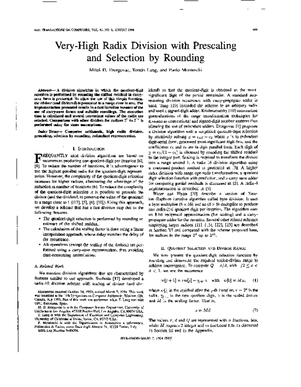 (PDF) Very-high radix division with prescaling and selection by rounding