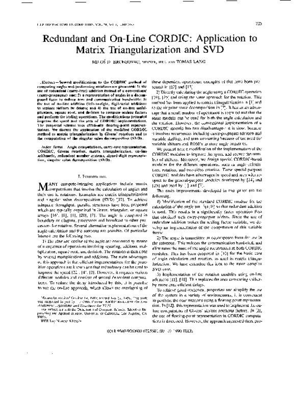 Pdf Redundant And On Line Cordic Application To Matrix Triangularization And Svd 