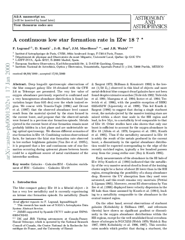(PDF) A continuous low star formation rate in IZw 18