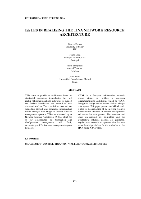 (PDF) Issues in Realising the TINA Network Resource Architecture