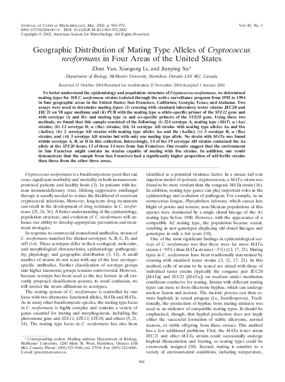 (PDF) Geographic Distribution of Mating Type Alleles of Cryptococcus ...