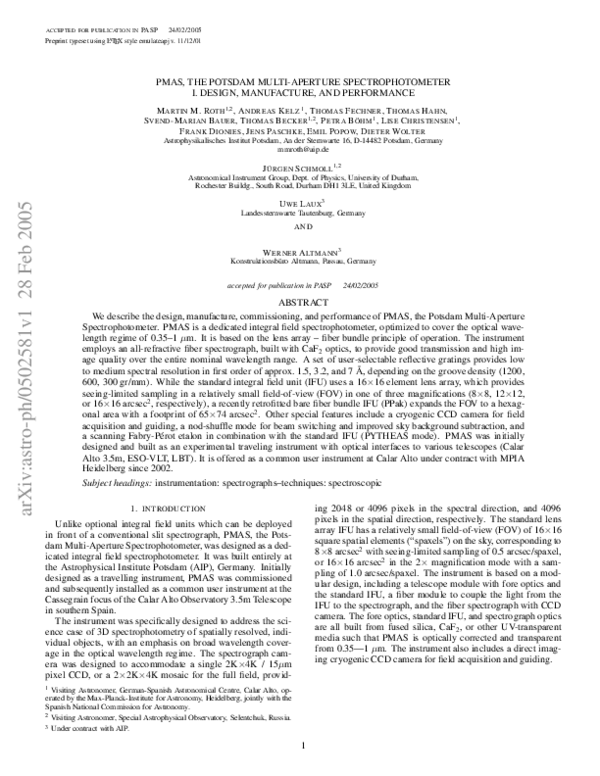 (PDF) PMAS: The Potsdam Multi‐Aperture Spectrophotometer. I. Design, Manufacture, and Performance