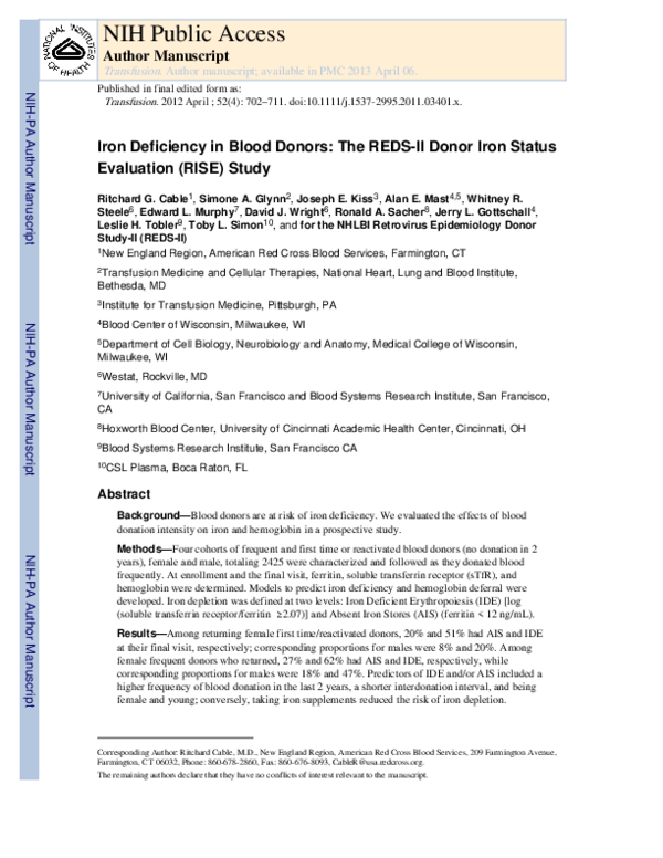 (PDF) Iron deficiency in blood donors: the REDS-II Donor Iron Status ...
