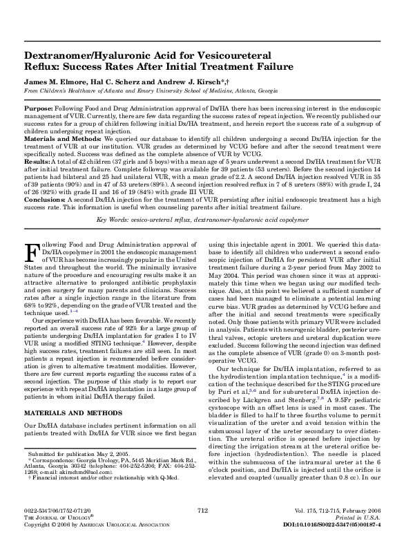 (PDF) Dextranomer/Hyaluronic Acid for Vesicoureteral Reflux: Success ...