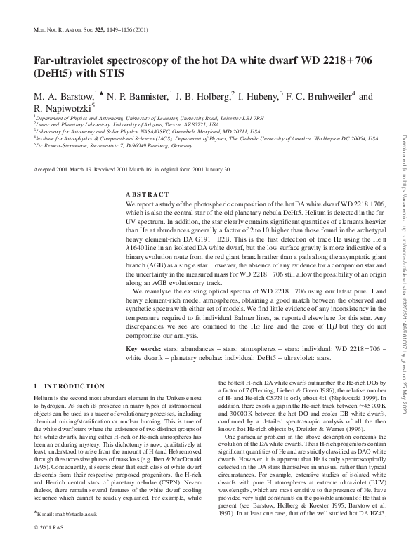 (PDF) Far-ultraviolet spectroscopy of the hot DA white dwarf WD 2218 ...
