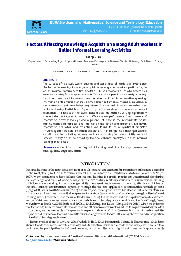 (PDF) Factors Affecting Knowledge Acquisition among Adult Workers in ...