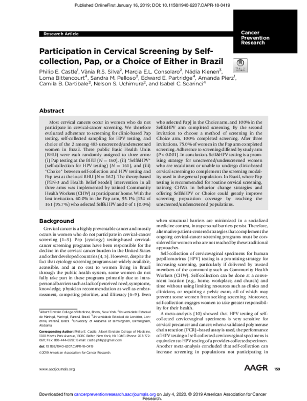 (PDF) Participation in cervical screening by self-collection, Pap, or a ...