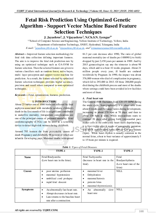 (PDF) Fetal Risk Prediction Using Optimized Genetic Algorithm -Support Vector Machine Based ...