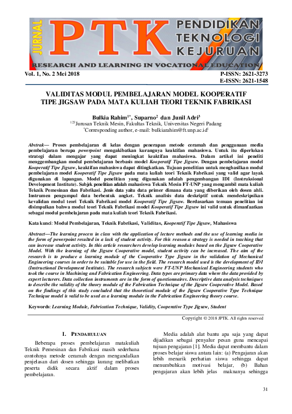 (PDF) Validitas Modul Pembelajaran Model Kooperatif Tipe Jigsaw Pada Mata Kuliah Teori Teknik ...