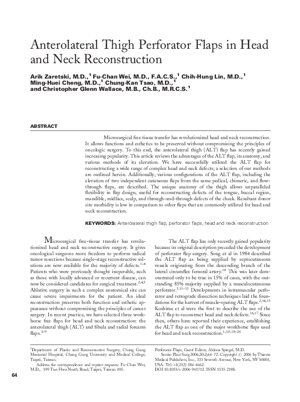 (PDF) Anterolateral Thigh Perforator Flaps in Head and Neck Reconstruction
