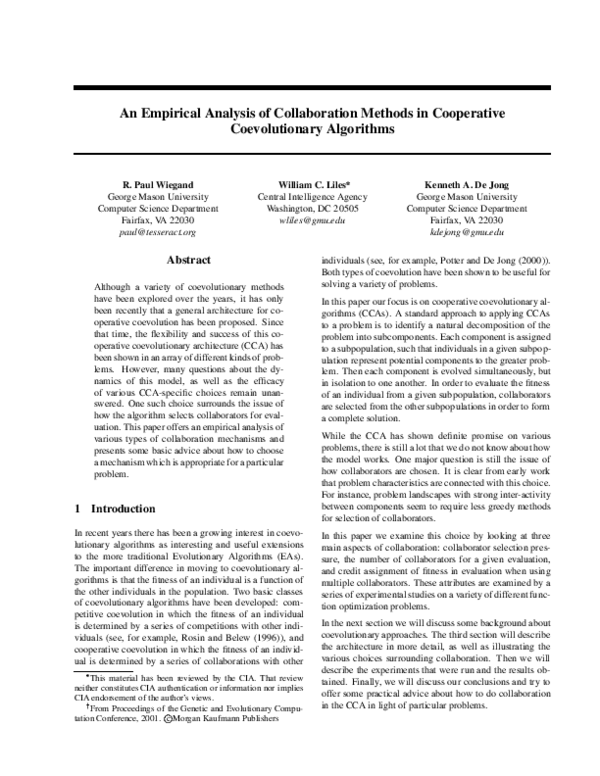 (PDF) An empirical analysis of collaboration methods in cooperative coevolutionary algorithms ...