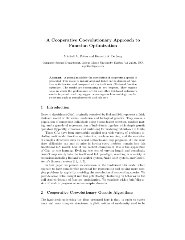 (PDF) A cooperative coevolutionary approach to function optimization