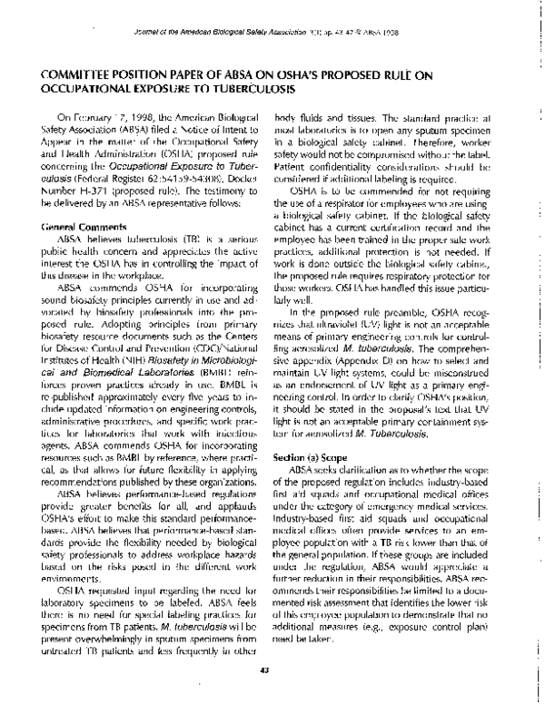(PDF) Committee Position Paper of ABSA on Osha's Proposed Rule on ...