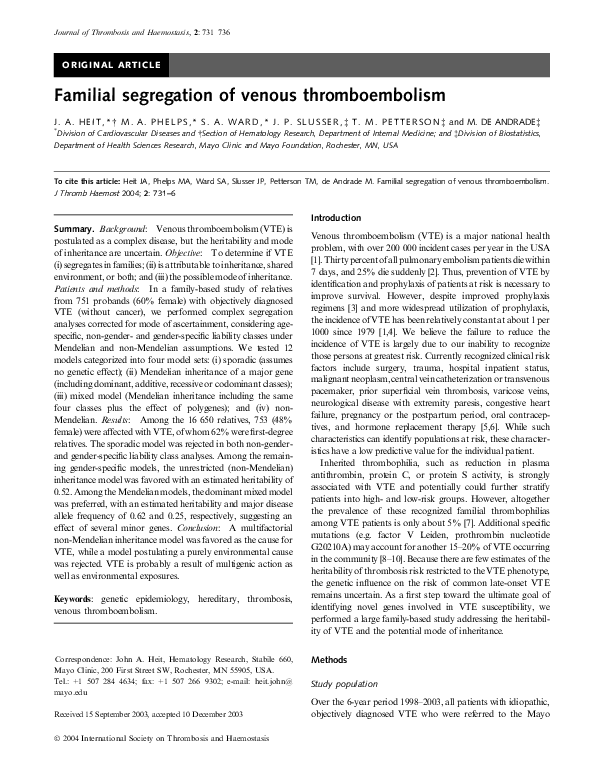 (PDF) Familial segregation of venous thromboembolism | John Heit ...