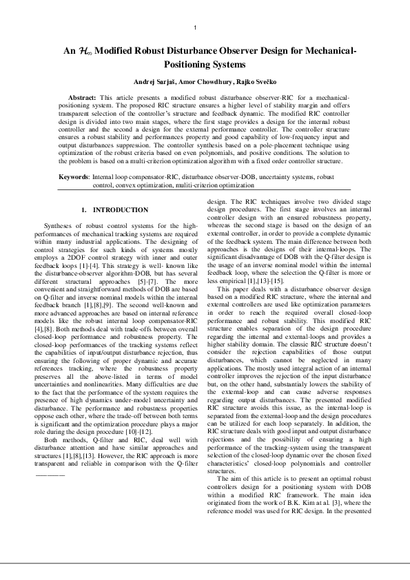 (PDF) An H∞ modified robust disturbance observer design for mechanical-positioning systems