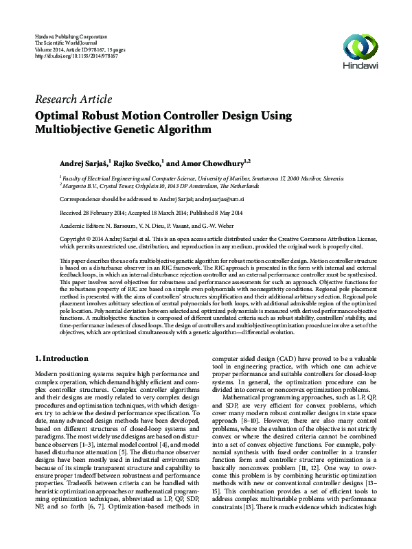 (PDF) Optimal robust motion controller design using multiobjective genetic algorithm
