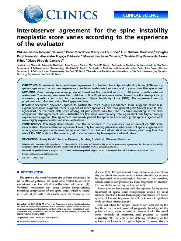 (PDF) Interobserver agreement for the spine instability neoplastic ...